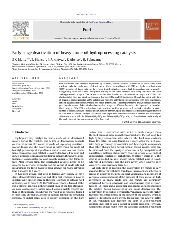 (PDF) Early stage deactivation of heavy crude oil hydroprocessing catalysts