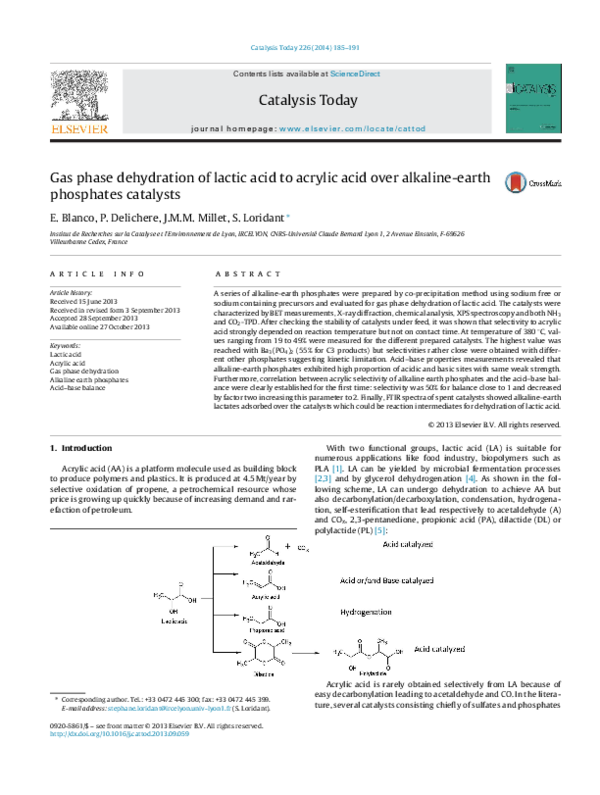 (PDF) Gas Phase Dehydration of Lactic Acid to Acrylic Acid over ...