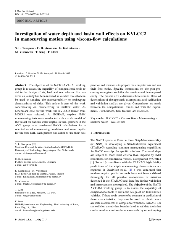 (PDF) Investigation of water depth and basin wall effects on KVLCC2 in manoeuvring motion using ...