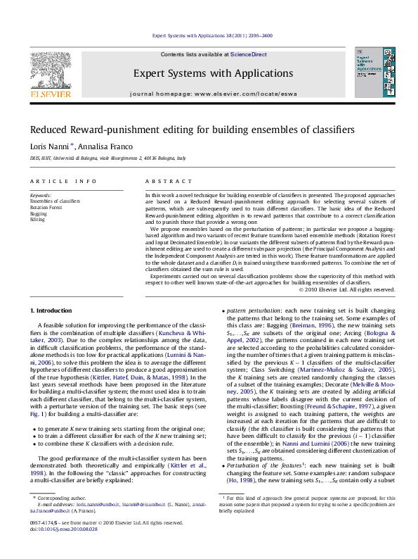 (PDF) Reduced Reward-punishment editing for building ensembles of classifiers