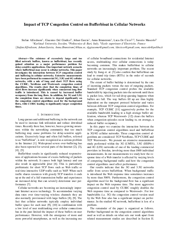 Pdf Impact Of Tcp Congestion Control On Bufferbloat In Cellular Networks