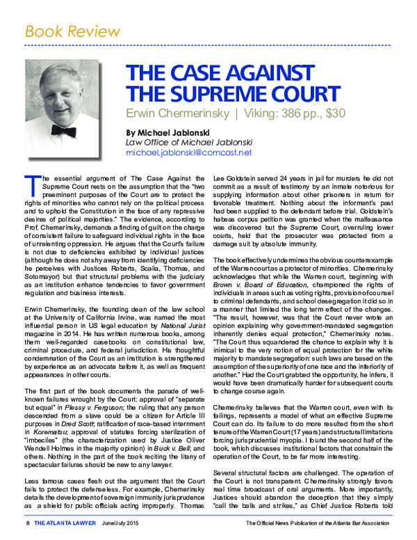(PDF) Book Review: The Case Against the Supreme Court by Erwin Chemerinsky
