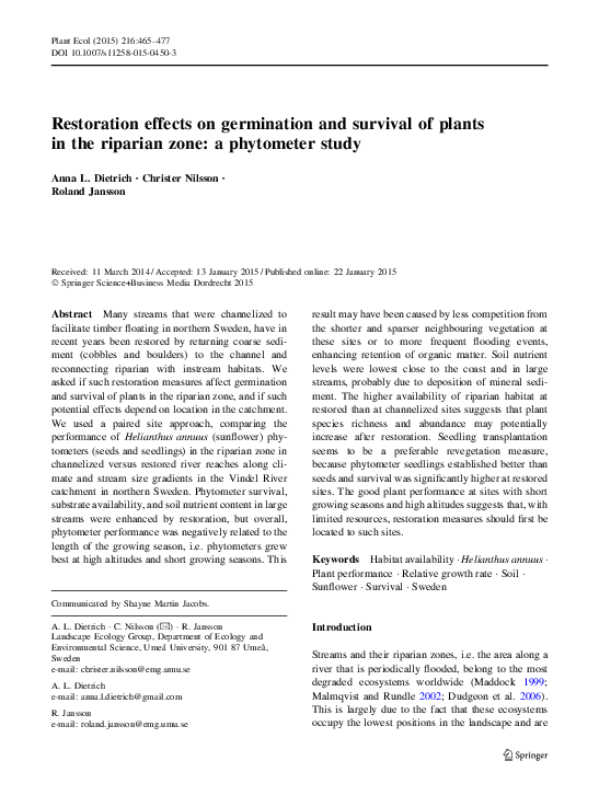 (PDF) Restoration effects on germination and survival of plants in the ...