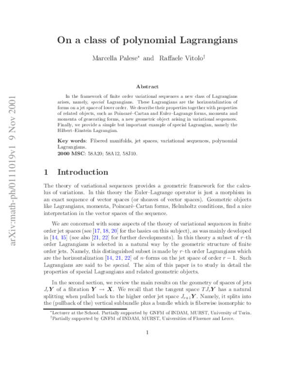 (PDF) On a class of polynomial Lagrangians | Raffaele Vitolo - Academia.edu