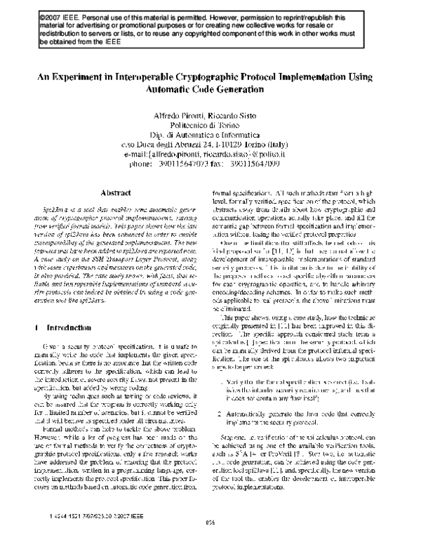 (PDF) An experiment in interoperable cryptographic protocol implementation using automatic code ...