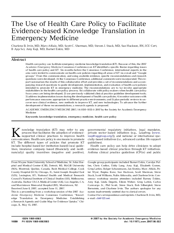 (PDF) The Use of Health Care Policy to Facilitate Evidence-based Knowledge Translation in ...