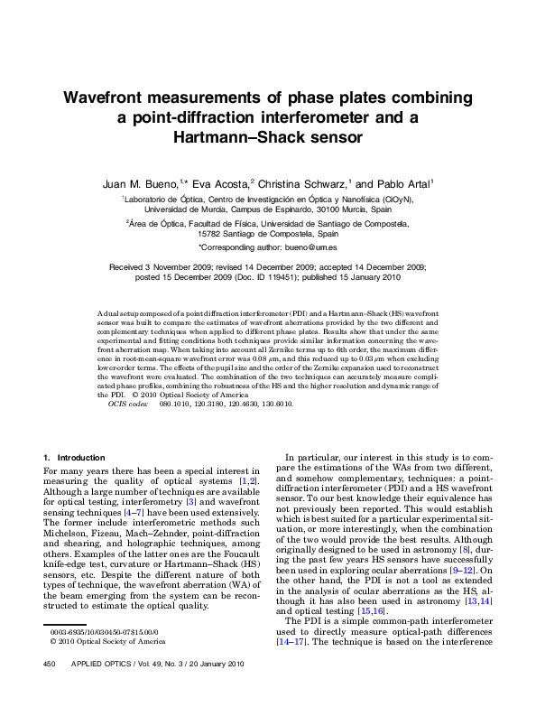 Pdf Wavefront Measurements Of Phase Plates Combining A Point Diffraction Interferometer And A
