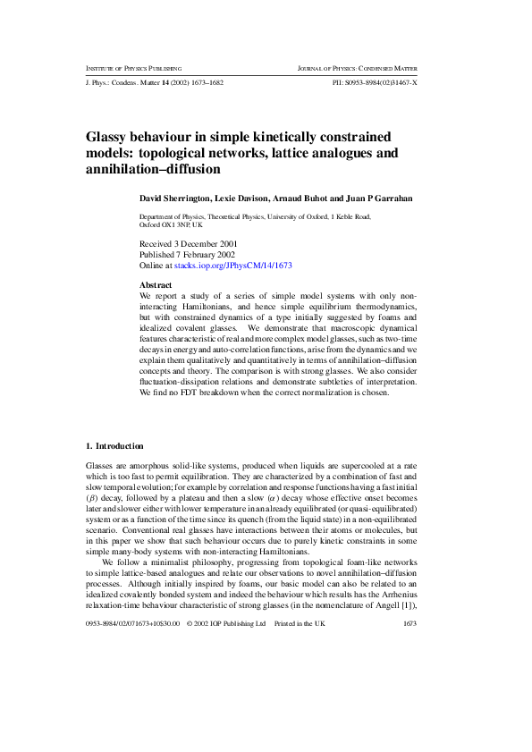 (PDF) Glassy behaviour in simple kinetically constrained models: topological networks, lattice ...