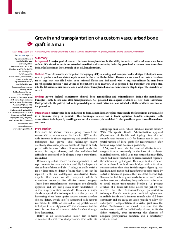 (PDF) Growth and transplantation of a custom vascularised bone graft in ...