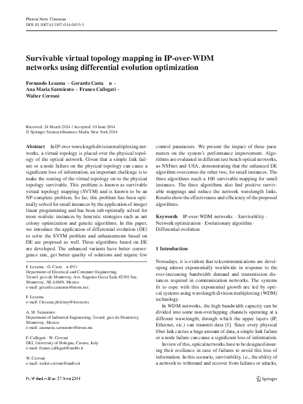 (PDF) Survivable Virtual Topology Mapping in IP-Over-WDM networks using differential evolution ...