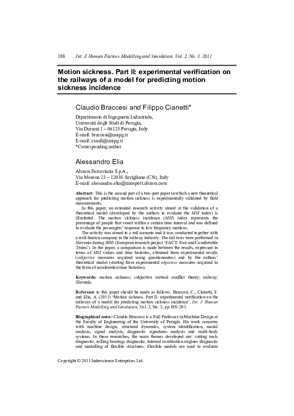 (PDF) Motion sickness. Part II: experimental verification on the ...