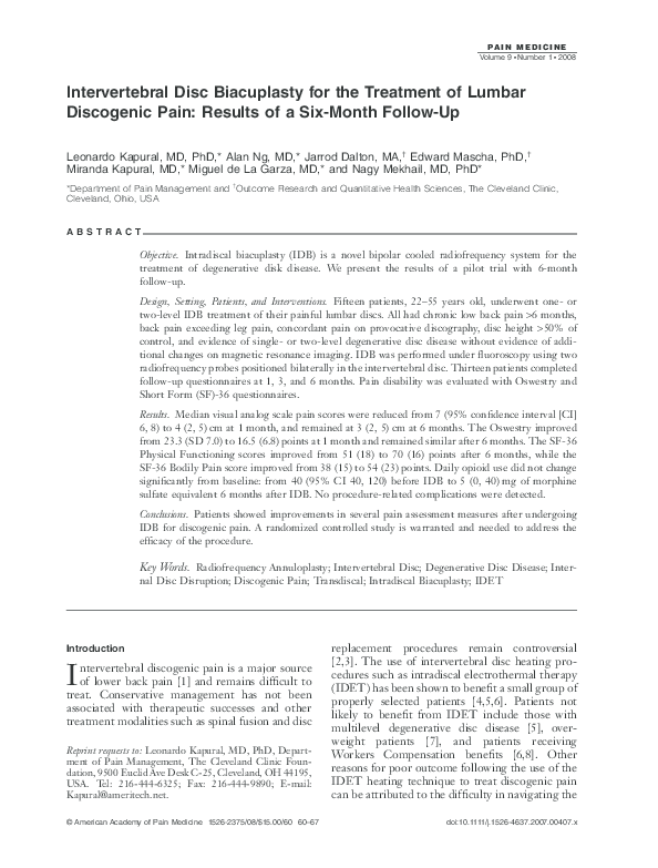 (PDF) Intervertebral Disc Biacuplasty for the Treatment of Lumbar ...