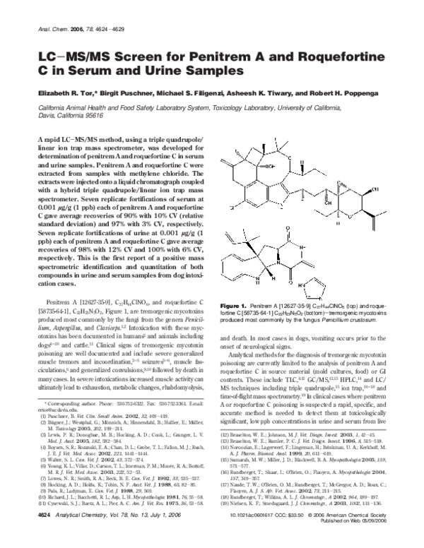 (PDF) LC−MS/MS Screen for Penitrem A and Roquefortine C in Serum and ...