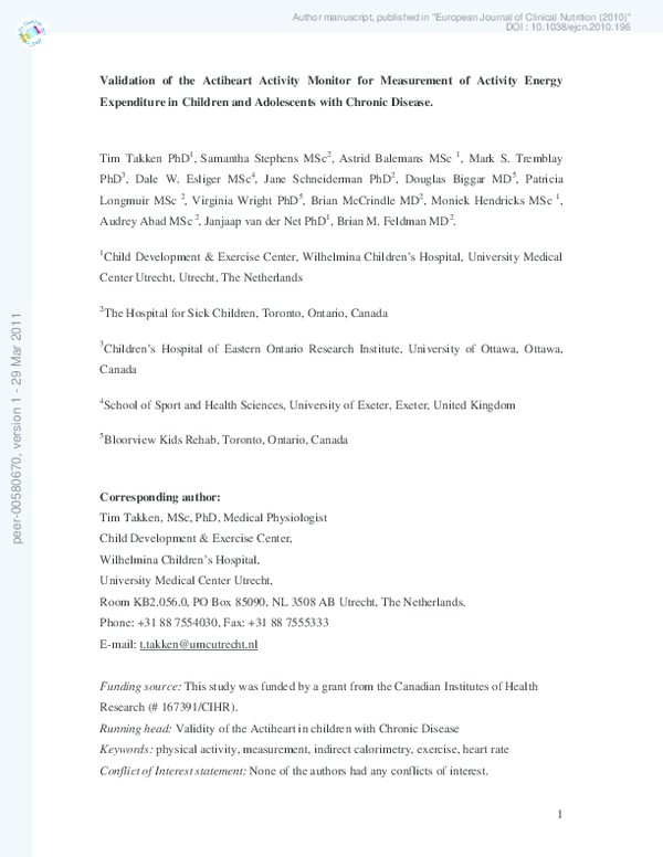 (PDF) Validation of the Actiheart activity monitor for measurement of ...