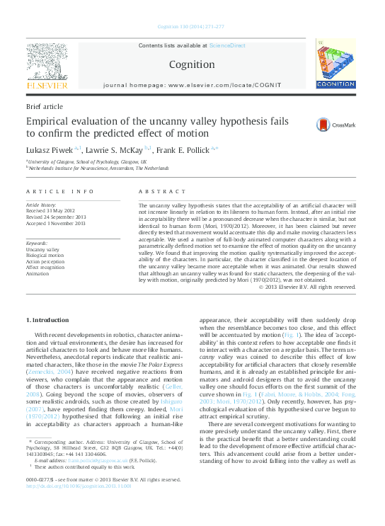 (PDF) Empirical evaluation of the uncanny valley hypothesis fails to ...