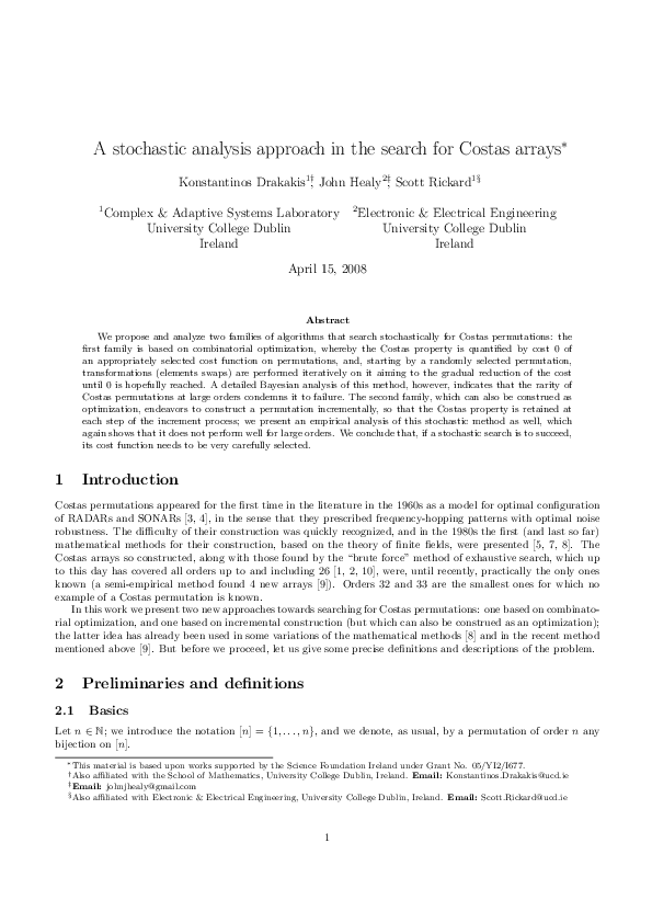(PDF) A stochastic analysis approach in the search for Costas arrays