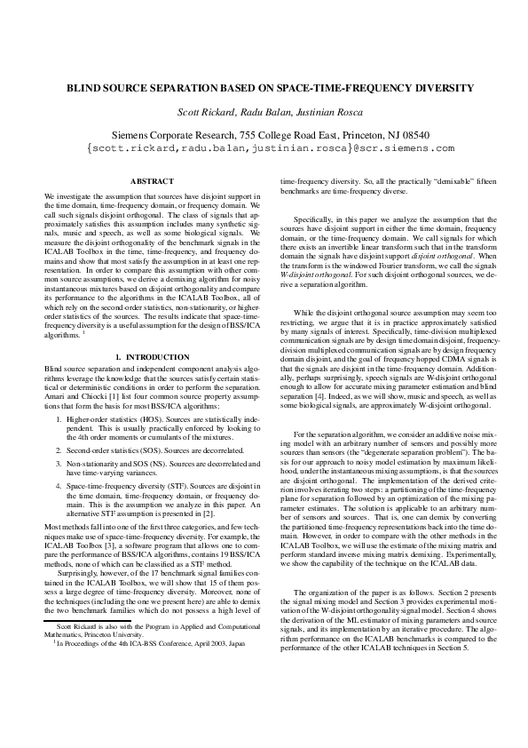 Pdf Blind Source Separation Based On Space Time Frequency Diversity