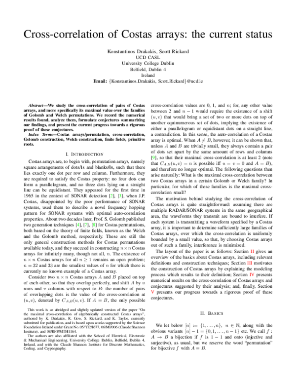 (PDF) Cross-correlation of Costas arrays: The current status