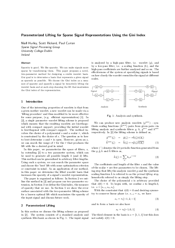(PDF) Parameterized Lifting for Sparse Signal Representations Using the Gini Index