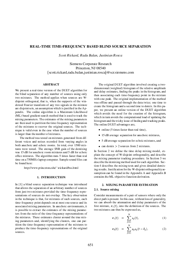 Pdf Real Time Time Frequency Based Blind Source Separation