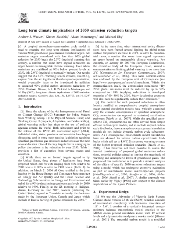 (PDF) Long term climate implications of 2050 emission reduction targets