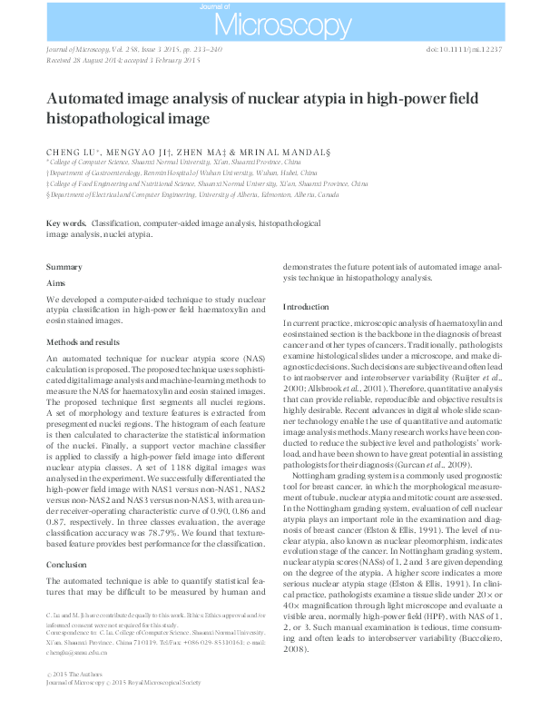 (PDF) Automated image analysis of nuclear atypia in high-power field histopathological image
