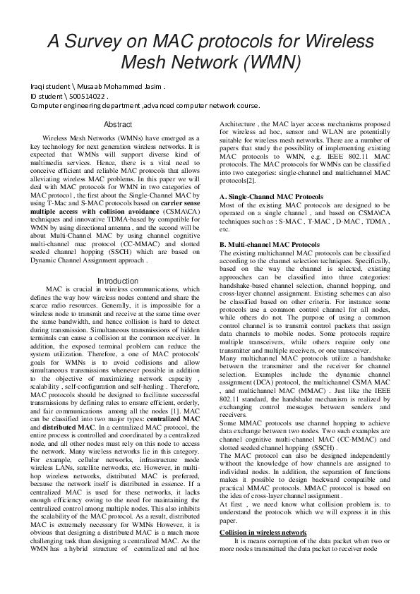 (PDF) Survey (variety MAC protocols for WMN)