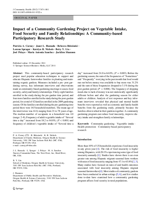 (PDF) Impact of a Community Gardening Project on Vegetable Intake, Food ...
