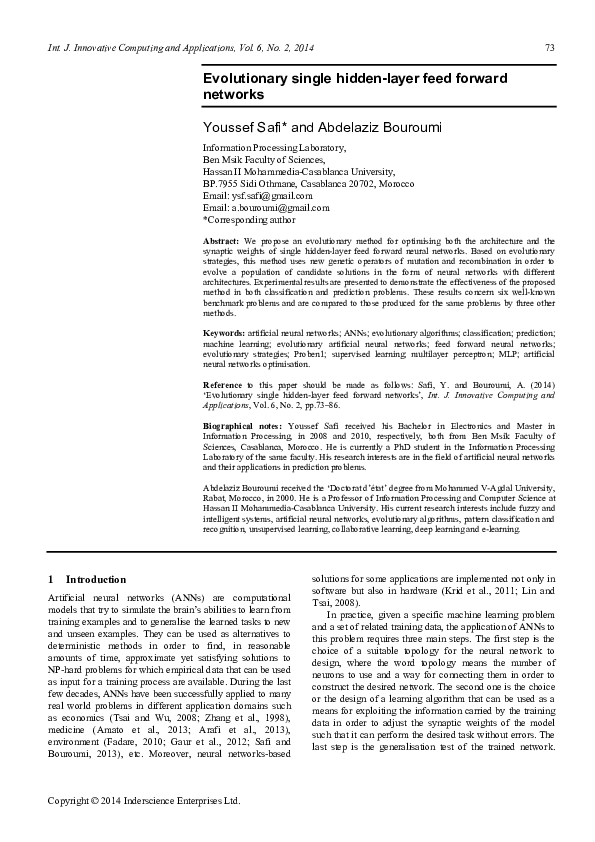 Pdf Evolutionary Single Hidden Layer Feed Forward Networks