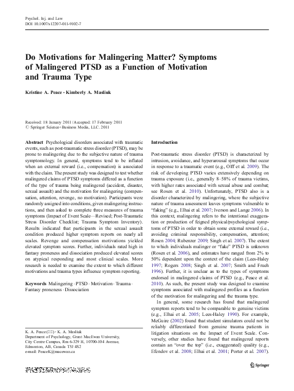 (PDF) Do Motivations for Malingering Matter? Symptoms of Malingered ...