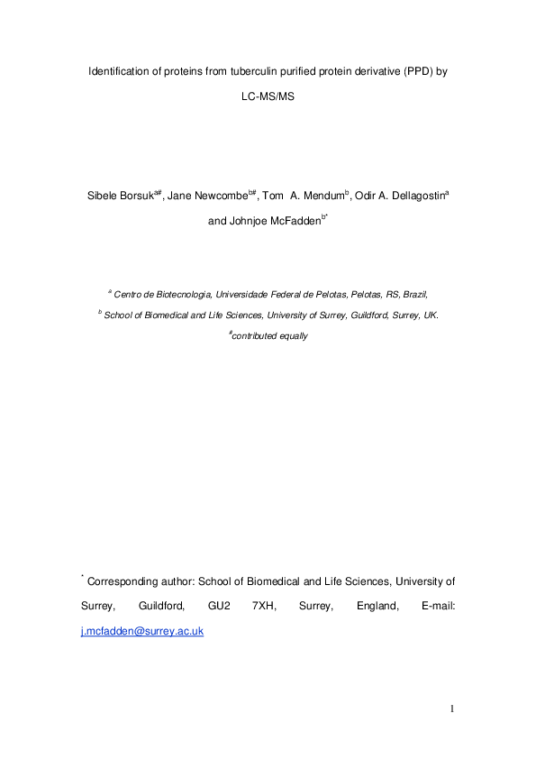 (PDF) Identification of proteins from tuberculin purified protein derivative (PPD) by LC-MS/MS
