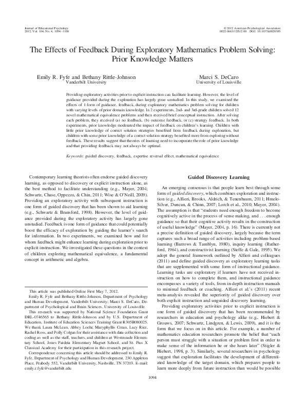 (PDF) The effects of feedback during exploratory mathematics problem solving: Prior knowledge ...
