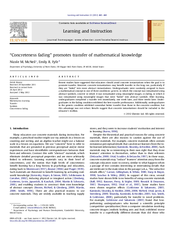 (PDF) “Concreteness fading” promotes transfer of mathematical knowledge