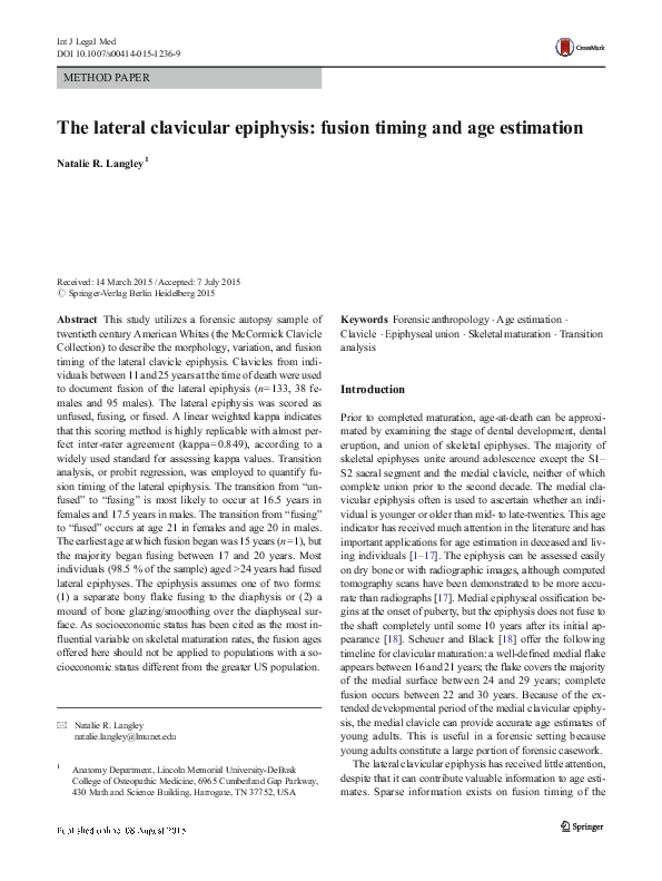 (PDF) The lateral clavicular epiphysis: fusion timing and age estimation