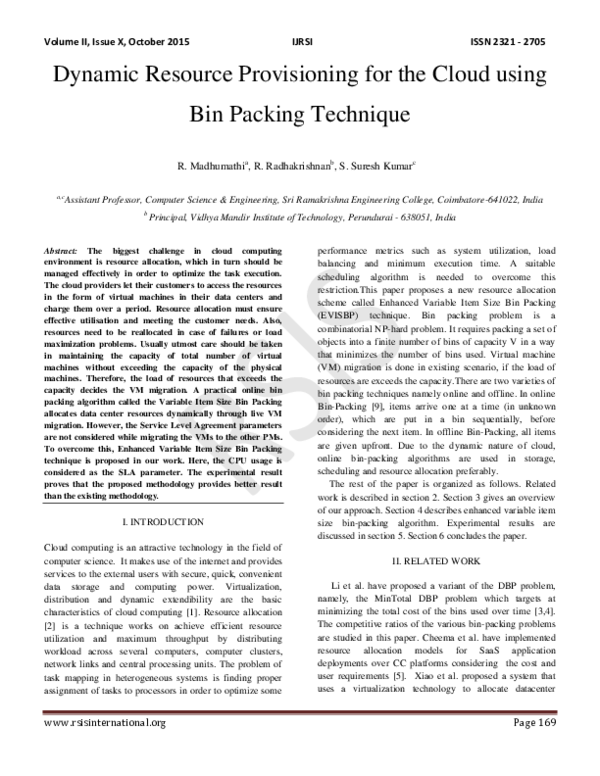 (PDF) Dynamic Resource Provisioning for the Cloud using Bin Packing ... (PDF) Dynamic Resource Provisioning for the Cloud using Bin Packing ...