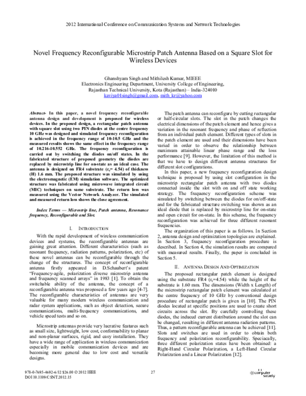 Pdf Novel Frequency Reconfigurable Microstrip Patch Antenna Based On