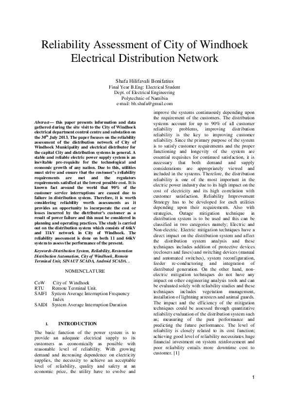 (PDF) Reliability Assessment of City of Windhoek Electrical Distribution Network