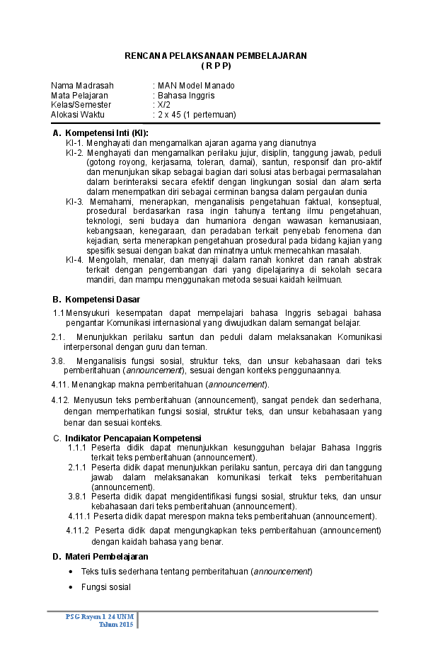 (DOC) Lesson Plan about Announcement Text K-13