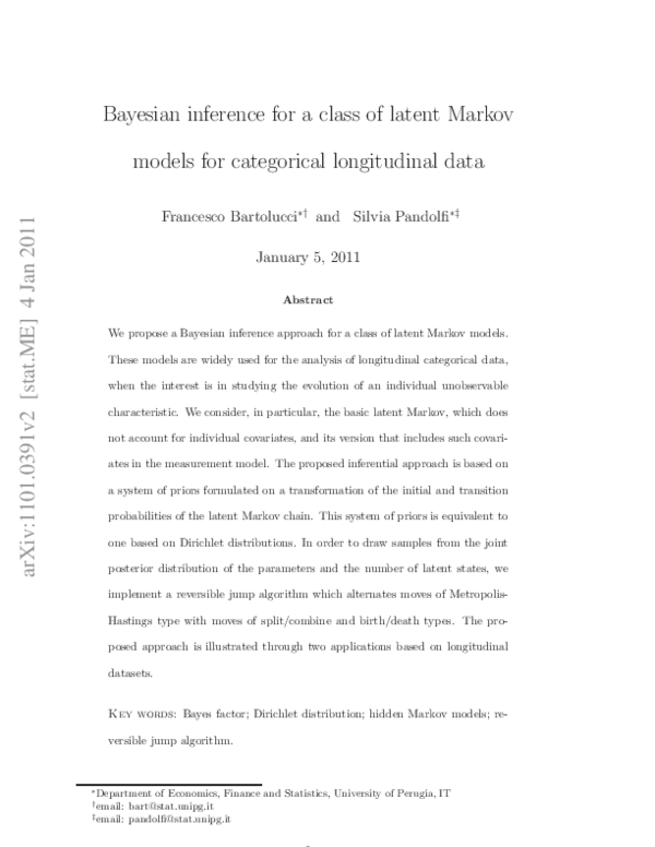 (PDF) Bayesian inference for a class of latent Markov models for categorical longitudinal data