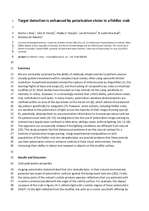 (PDF) Target detection is enhanced by polarization vision in a fiddler crab