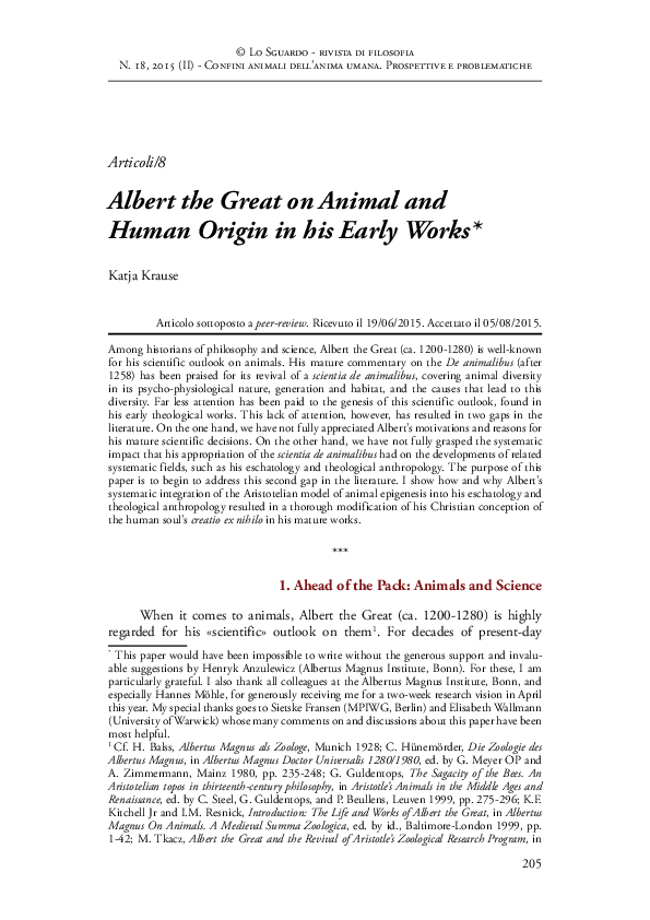 (PDF) Albert the Great on Animal and Human Origin in his Early Works