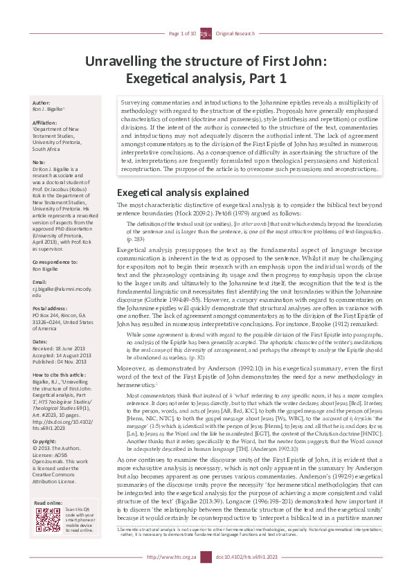 (PDF) Unravelling the structure of First John: Exegetical analysis, Part 1