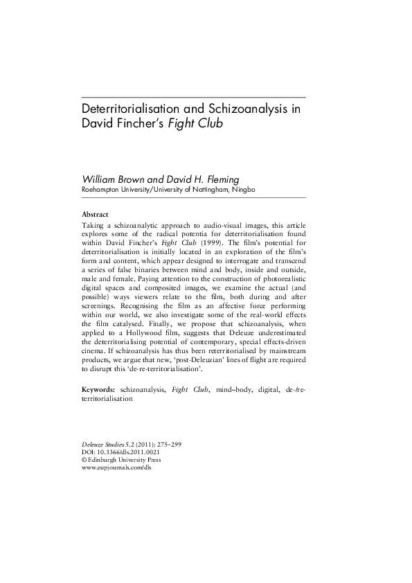 (PDF) 'Deterritorialisation and Schizoanalysis in David Fincher's Fight ...