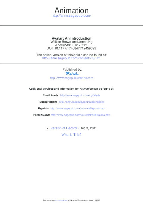 (PDF) Avatar - A Special Issue of Animation: An Interdisciplinary Journal