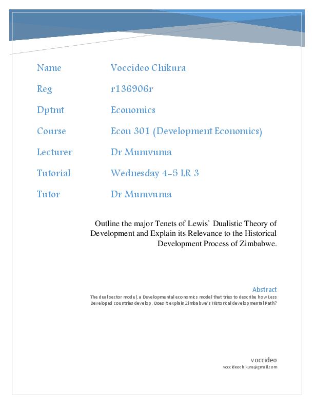 (PDF) The Dual Economy Model Of Sir Arthur Lewis for Zimbabwe