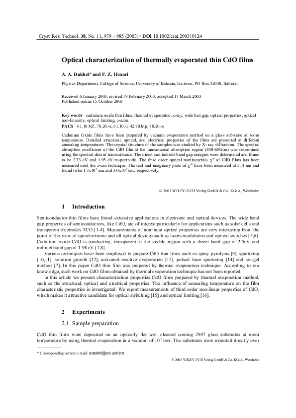 (PDF) Optical characterization of thermally evaporated thin CdO films