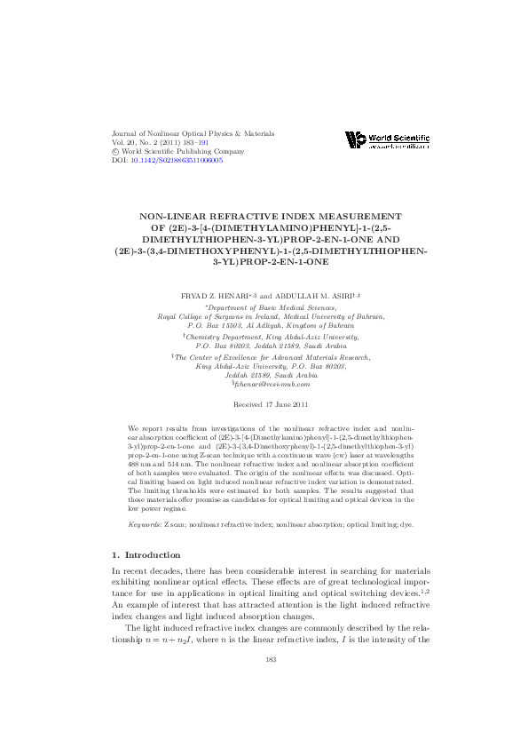 (PDF) NON-LINEAR REFRACTIVE INDEX MEASUREMENT OF (2E)-3-[4-(DIMETHYLAMINO)PHENYL]-1-(2,5 ...