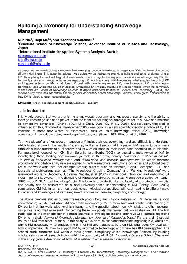(PDF) Building a Taxonomy for Understanding Knowledge Management