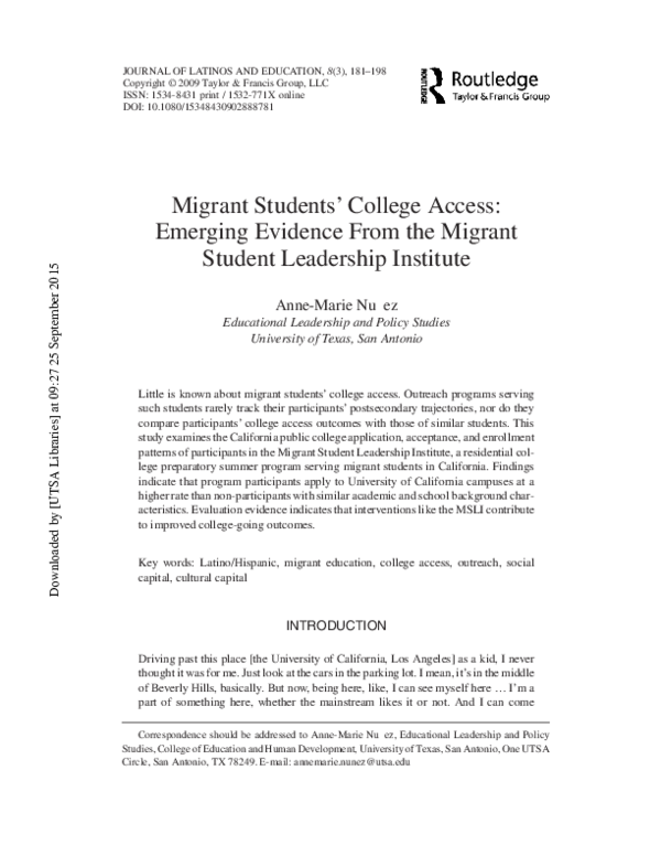 (PDF) Migrant Students' College Access: Emerging Evidence From the ...