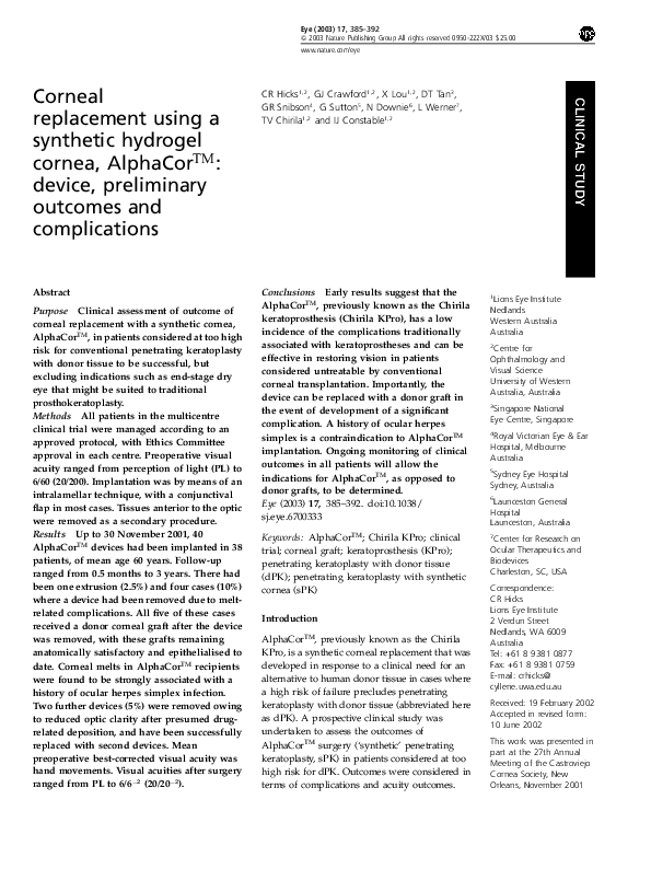 (PDF) Corneal replacement using a synthetic hydrogel cornea, AlphaCor ...
